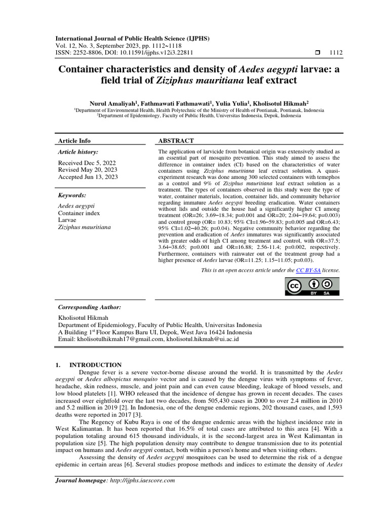 Container Characteristics and Density of Aedes Aegypti Larvae: A Field Trial of Ziziphus ...