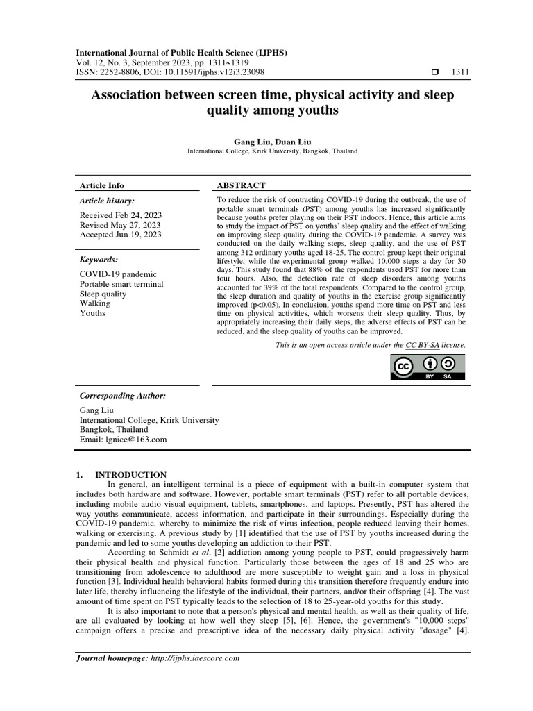 Association Between Screen Time, Physical Activity and Sleep Quality Among Youths | PDF | Sleep ...