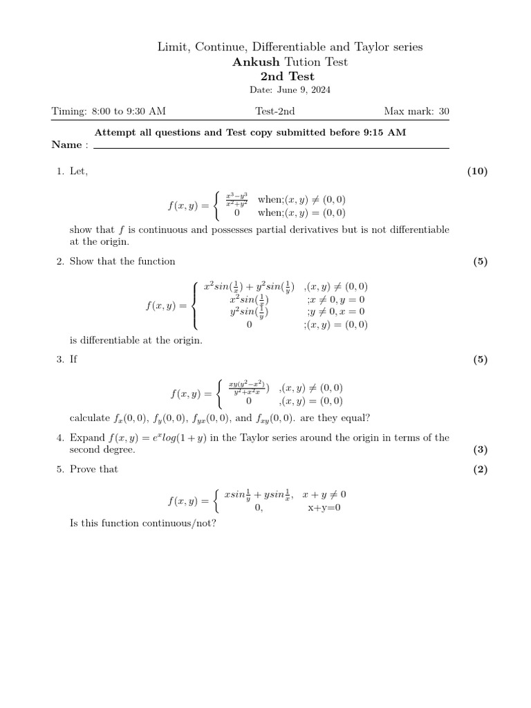 Test 2nd LIMIT CONTINUTY DIFFERENTIABLE AND TAYLOR SERIES | PDF ...