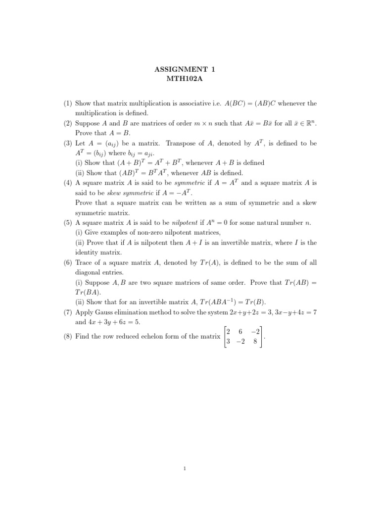 Linear Algebra Assignments IITK | PDF | Matrix (Mathematics) | Basis (Linear Algebra)