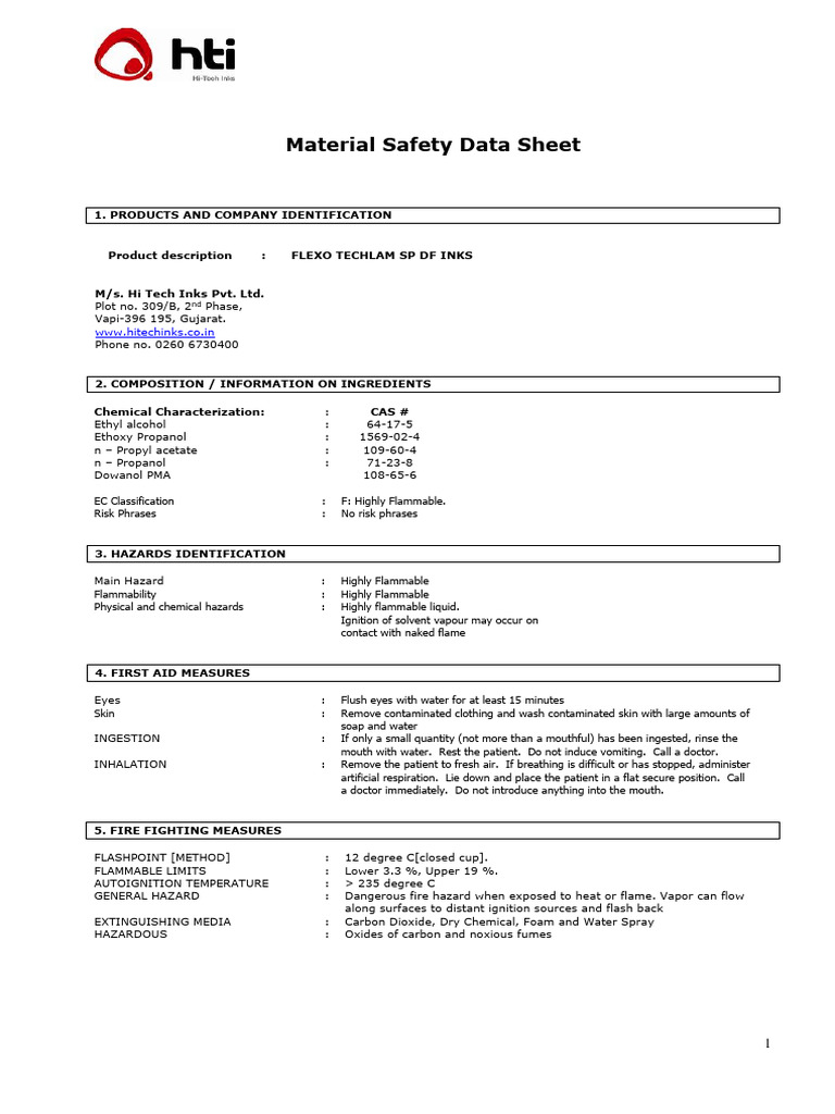 MSDS - Flexo Techlam SP DF Inks | PDF | Personal Protective Equipment ...
