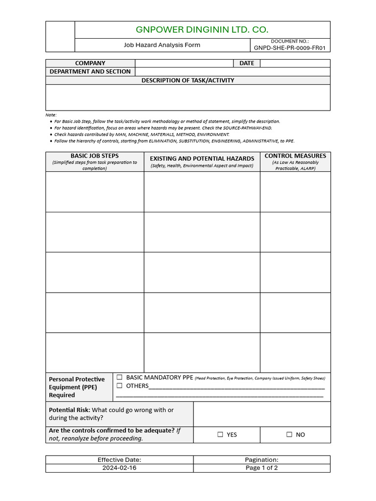 JHA FORM | PDF | Personal Protective Equipment | Working Conditions