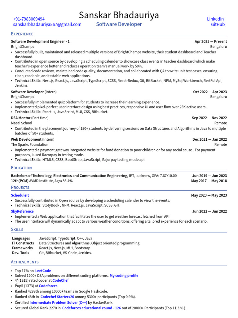 Sanskar Resume Fe | Download Free PDF | Java Script | Software