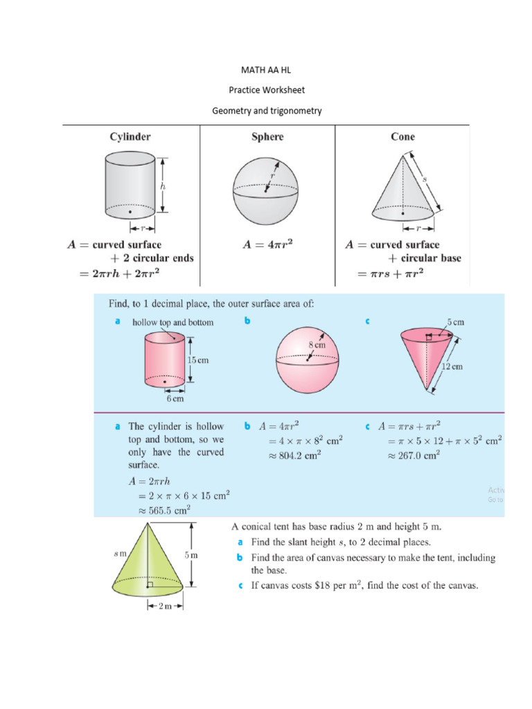 MATH AA HL Practice Sheet | PDF | Euclidean Geometry | Mathematical ...