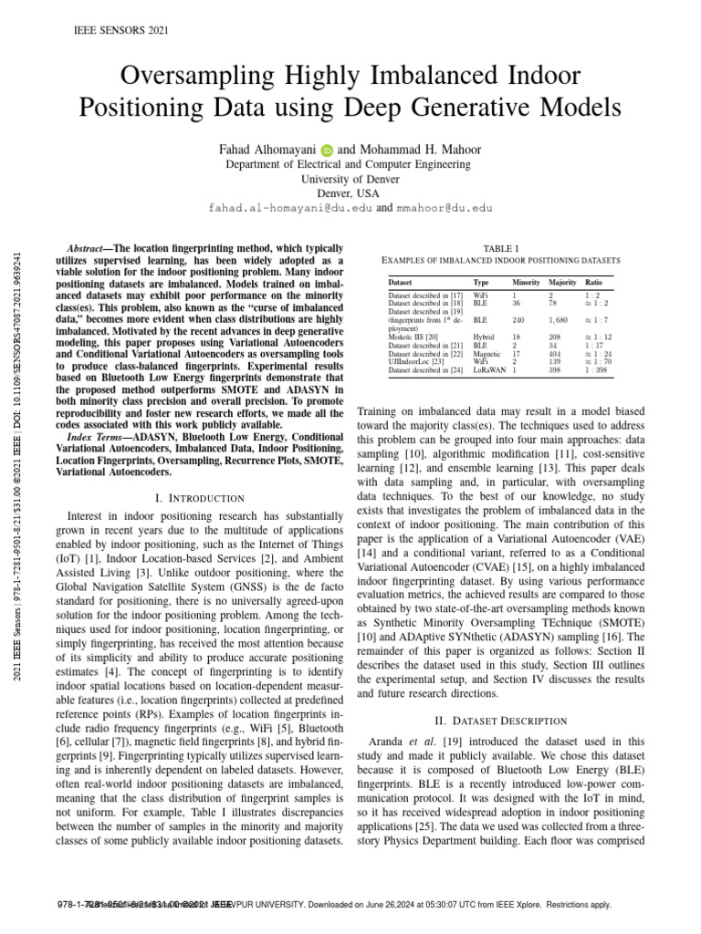 Oversampling Highly Imbalanced Indoor Positioning Data Using Deep Generative | PDF | Applied ...