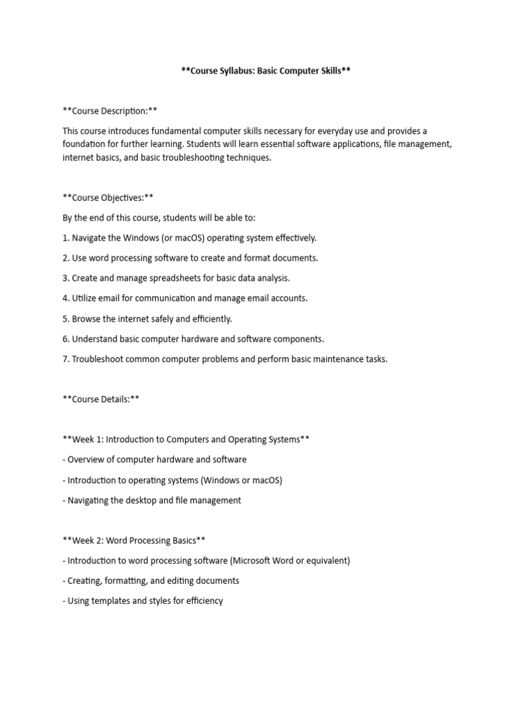 Course Syllabus For Basic Computer Skills | PDF | Spreadsheet | Software