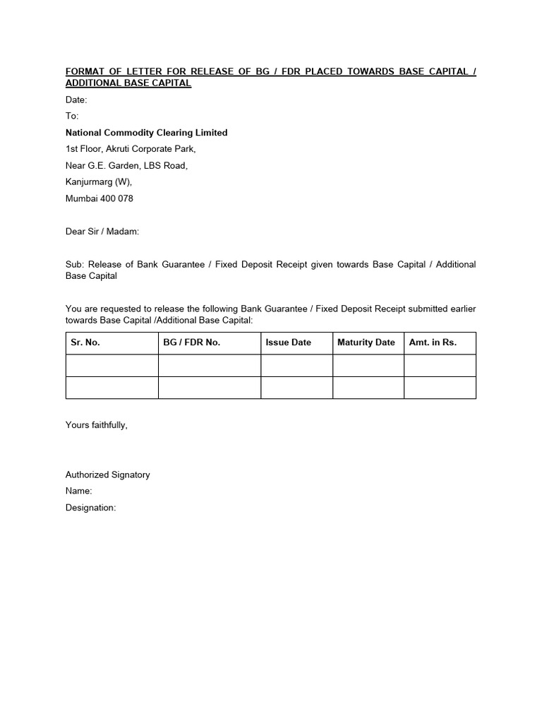 Release Letter for Bank Guarantee/FDR | PDF | Finance & Money Management