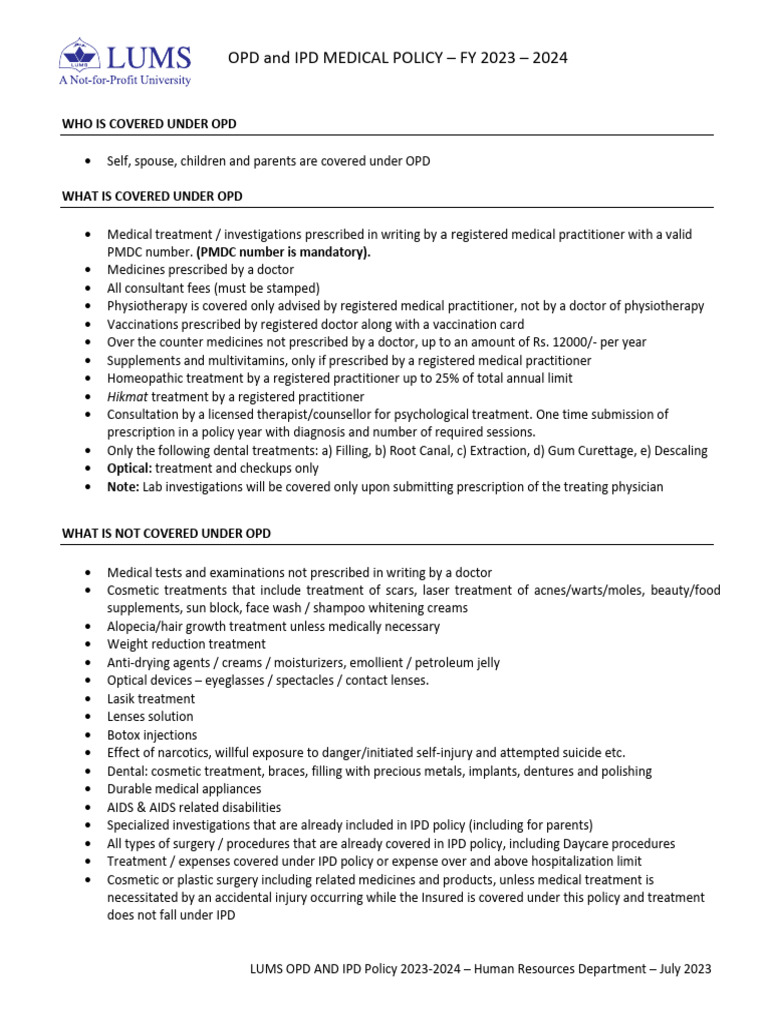 Lums Opd Policy 2023 - 2024 | PDF | Hospital | In Vitro Fertilisation