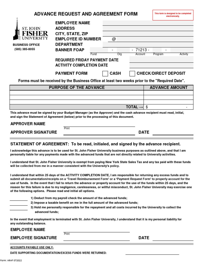 AdvanceRequestForm | Download Free PDF | Payments | Payroll