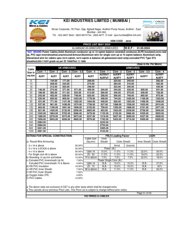KEI - Cable List Price - May 2024 | PDF | Electrical Conductor | Wire