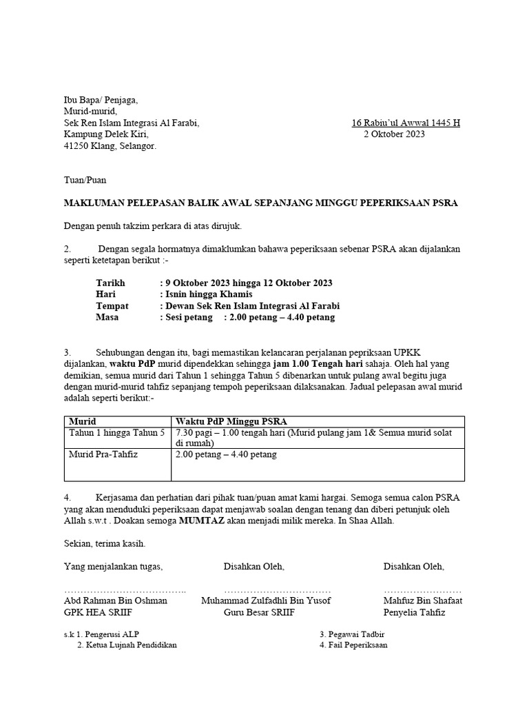 Surat Pelepasan Awal Psra 2023 | PDF