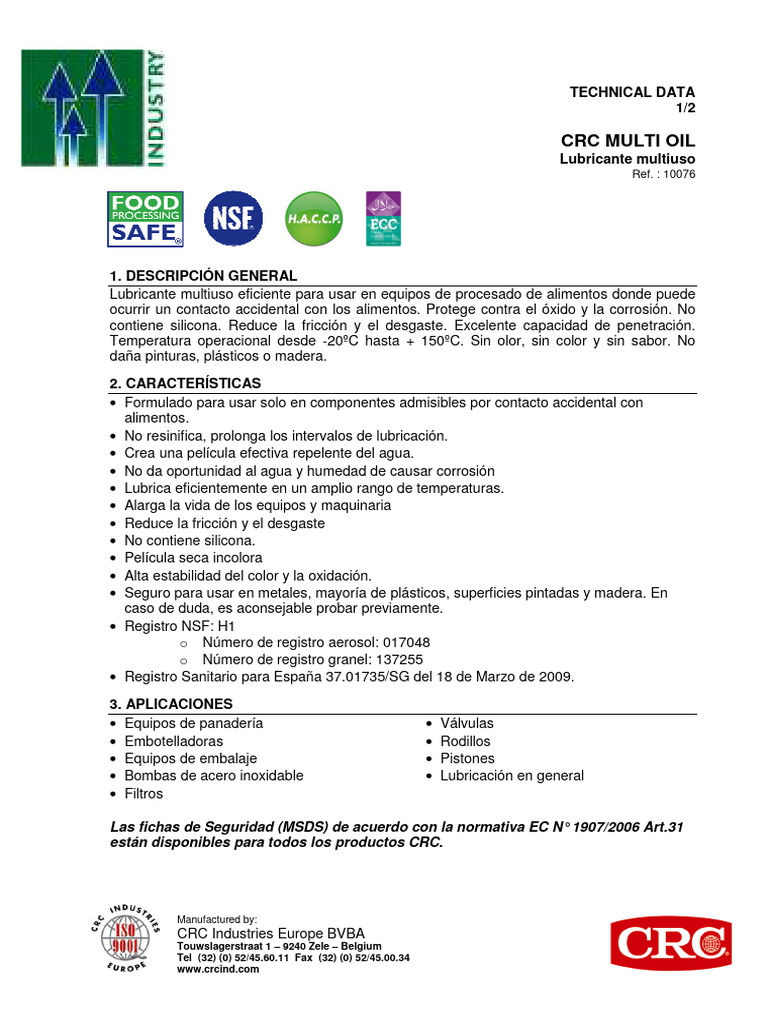 Ficha Tecnica CRC Multi Oil FPS | PDF | Lubricante | Corrosión