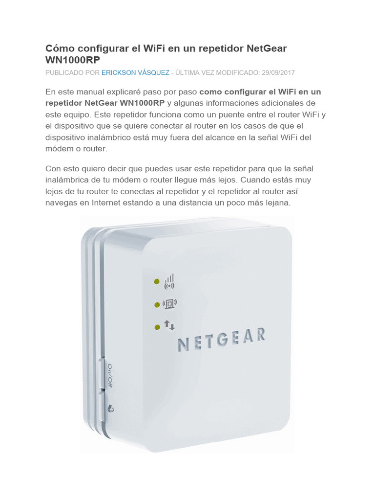 Configuración del repetidor NetGear WN1000RP | PDF | Wifi | Enrutador ...