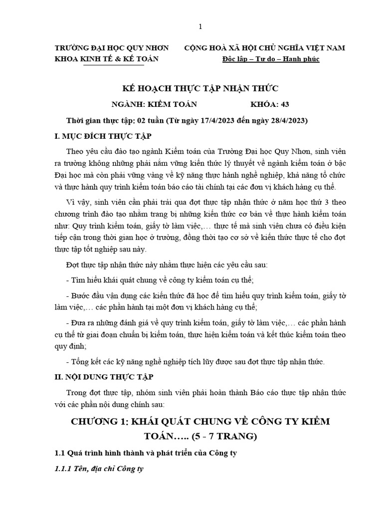 Kế hoạch TTNT Kiểm toán K43. BM Kiểm toán | PDF