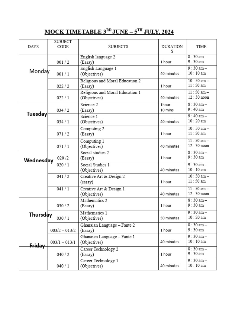 Mock timetable | PDF