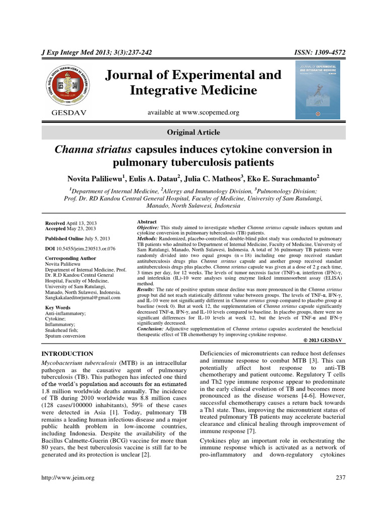 Channa Striatus Capsules Induces Cytokine Conversion in Pulmonary TB ...