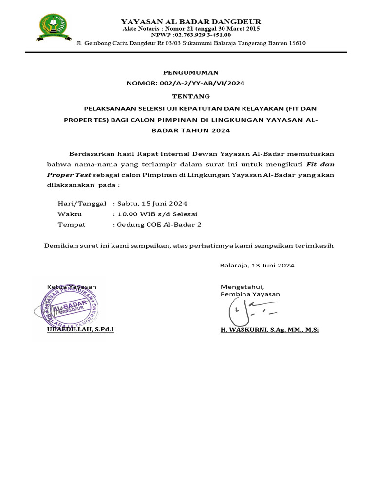 Surat Undangan Fit & Proper Test - Signed | PDF Surat Undangan Fit & Proper Test - Signed | PDF