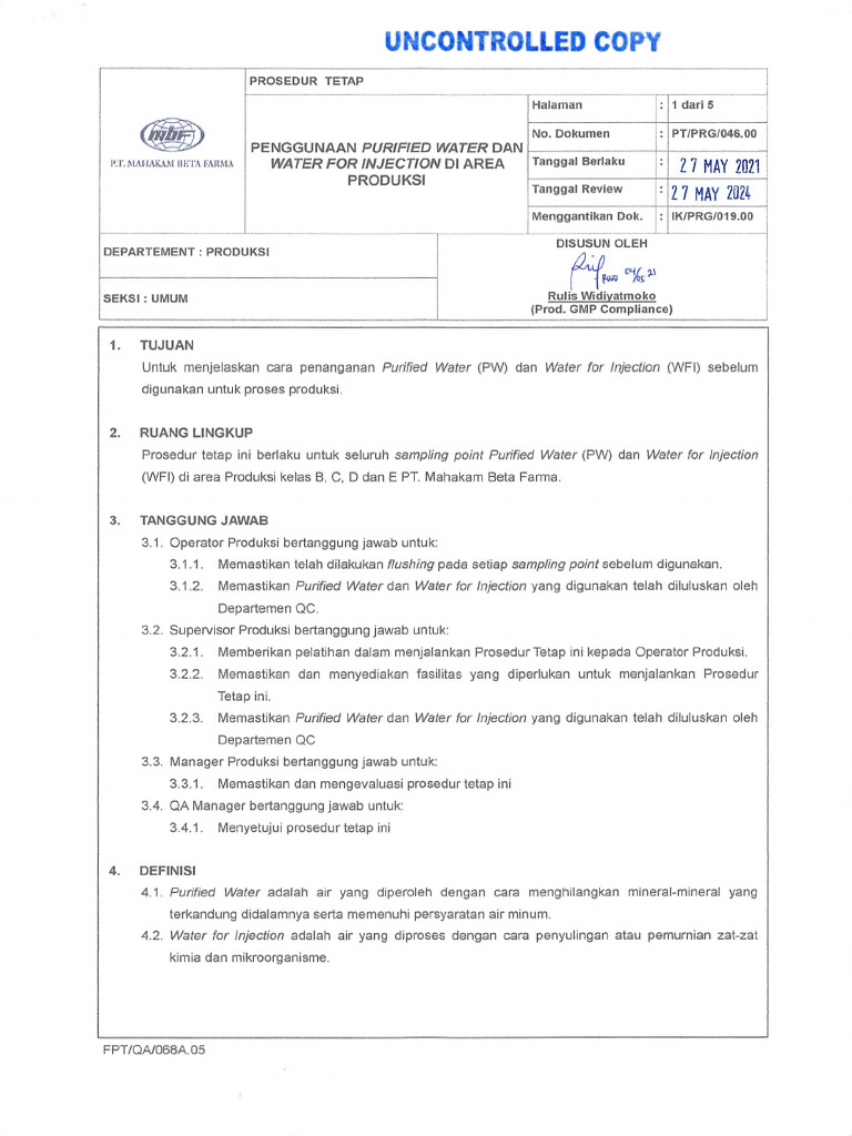 PT-PRG-046 Rev 00 Penggunaan Purified Water Dan Water For Injection | PDF