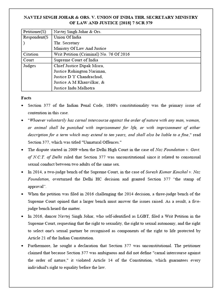 Sample 4 - Case Analysis - Navtej Singh Johar & Ors. v. Union of India | PDF | Equality Rights ...