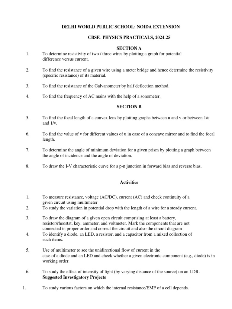 CBSE Physics Practicals 2024-25 Guide | PDF | Electrical Resistance And Conductance | Resistor