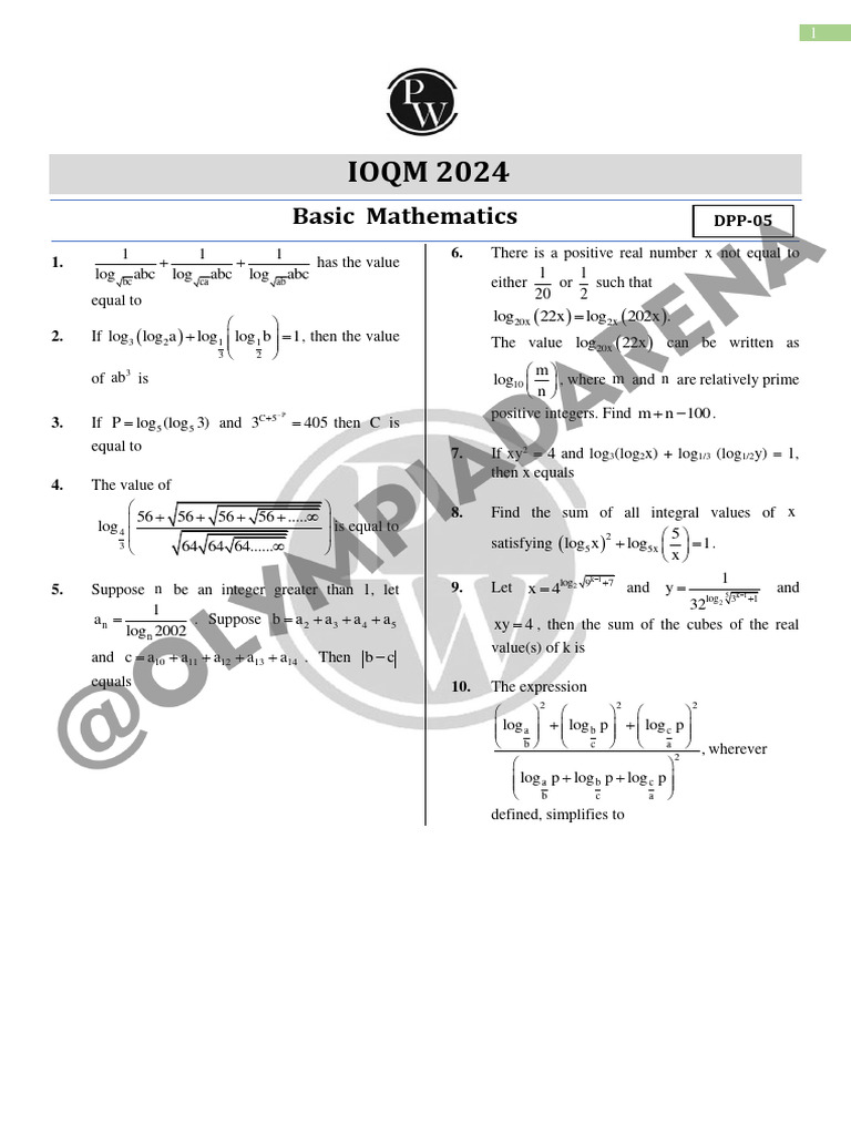 Basic Mathematics - DPP 05 - IOQM 2024 | Download Free PDF | Logarithm | Elementary Mathematics