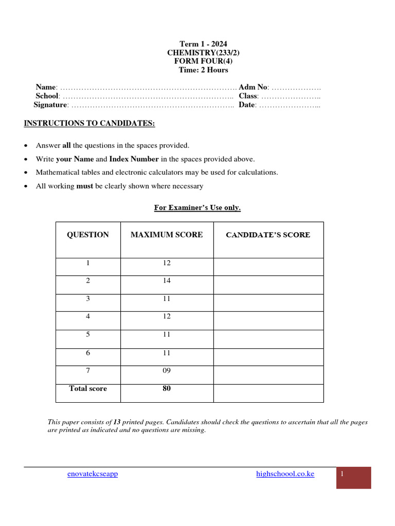 Kipsigis Girl Pre-Mock Chemistry PP2 Form 4 - Question Paper 2024 | PDF ...