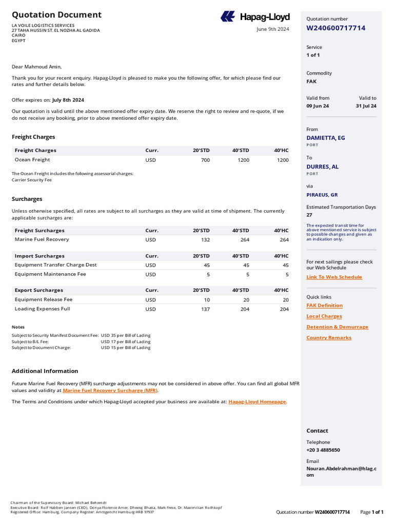 Quotation W240600717714 EGDAM ALDRZ | PDF | Cargo | Freight Transport