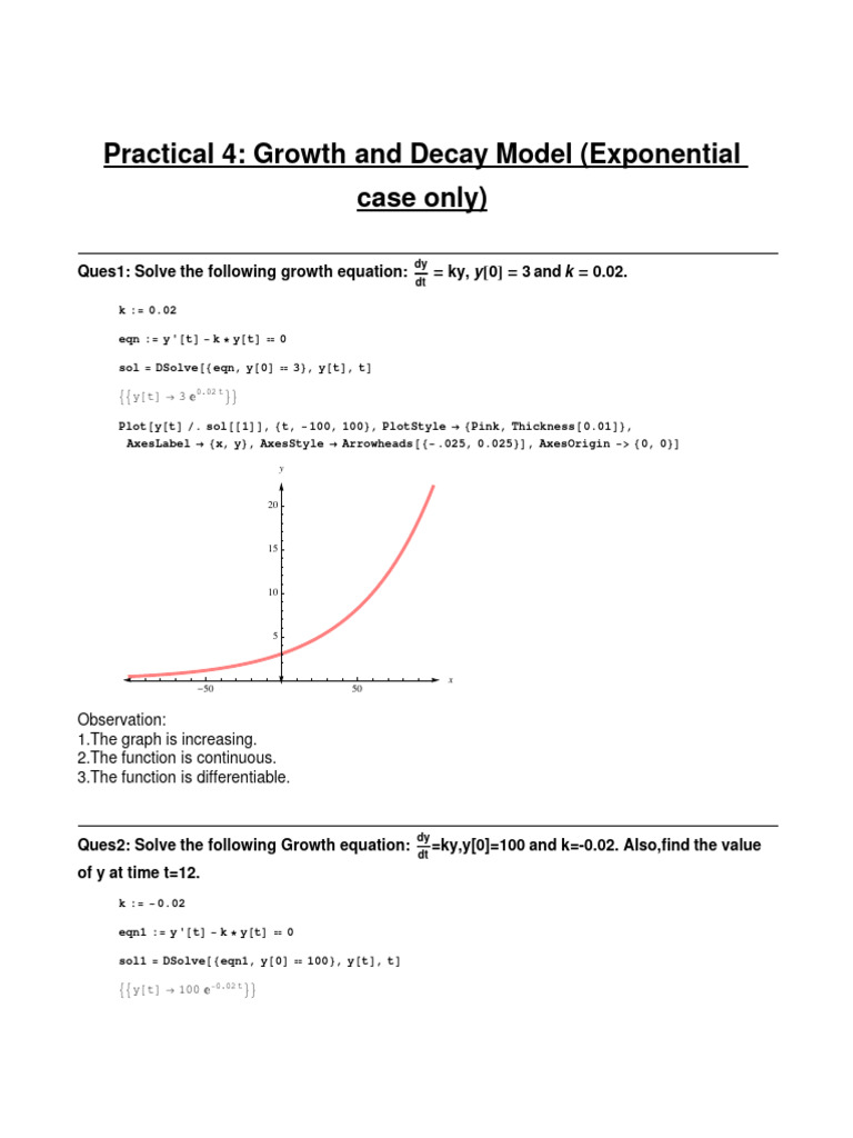 Practical 4(Growth and Decay model) | PDF | Applied Mathematics | Equations