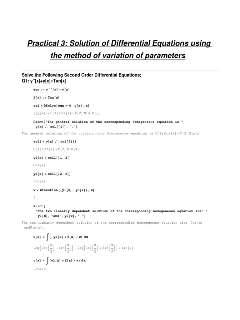 Practical 3 (Solution of Variation of Parameters) | PDF | Equations | Mathematical Objects
