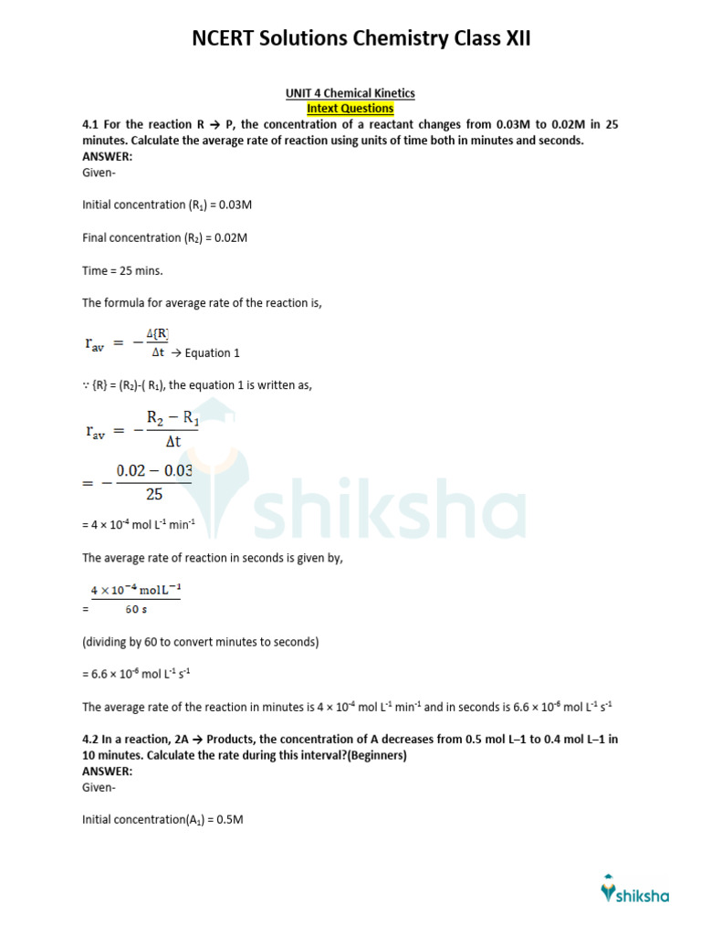 NCERT Solutions Chemistry Class XII | PDF | Reaction Rate | Reaction ...