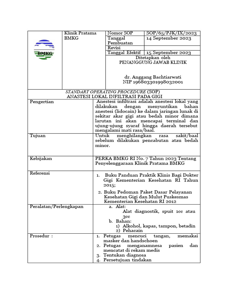 CONTOH SOP ANASTESI LOKAL INFILTRASI GIGI | PDF