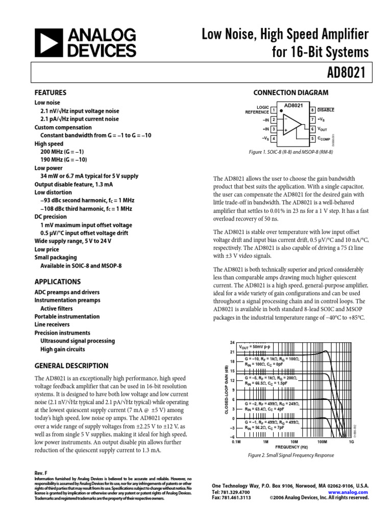 AD8021 Low Noise, High Speed Amplifier | PDF | Electrostatic Discharge | Amplifier