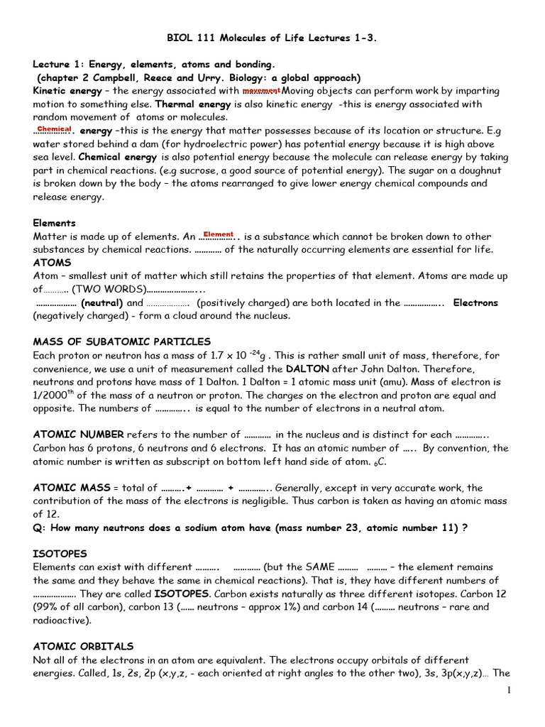 Biol 111 Additional Handout First Three Lectures - Questions 2015 | PDF ...
