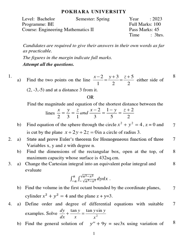 Engineering Mathematics Ii Set A Pdf Equations Cartesian Coordinate System