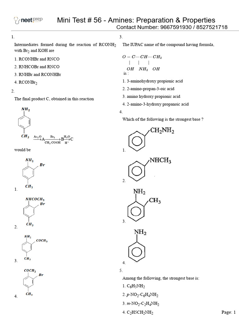 Mini Test # 56 - Amines - Preparation & Properties | PDF | Amine ...