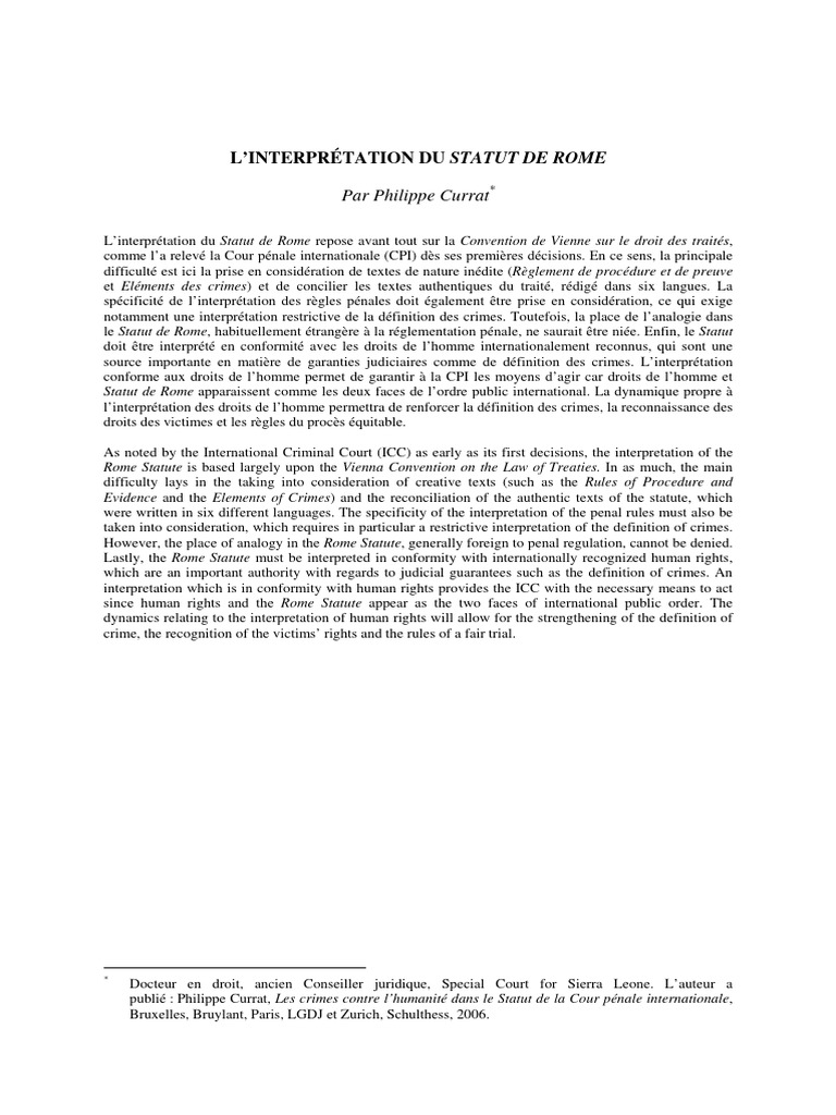 Interprétation du Statut de Rome | PDF | Cour pénale internationale ...