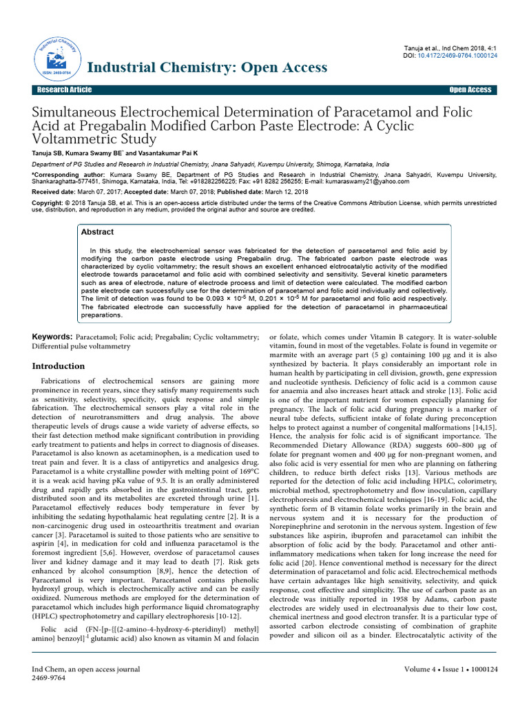 Simultaneous Electrochemical Determination Of Paracetamol And Folicacid At Pregabalin Modified
