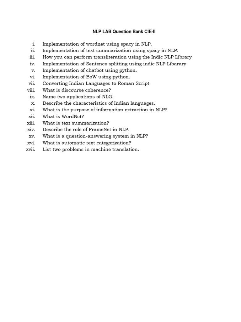 NLP Lab Internal Question Bank | PDF | Deep Learning | Computational ... NLP Lab Internal Question Bank | PDF | Deep Learning | Computational ...