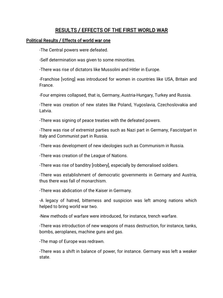 Notes Results of WW1 | PDF | Treaty Of Versailles | World War I Reparations