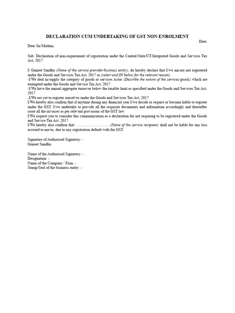 GST Non-Enrollment Declaration Letter | PDF | Finance & Money ...