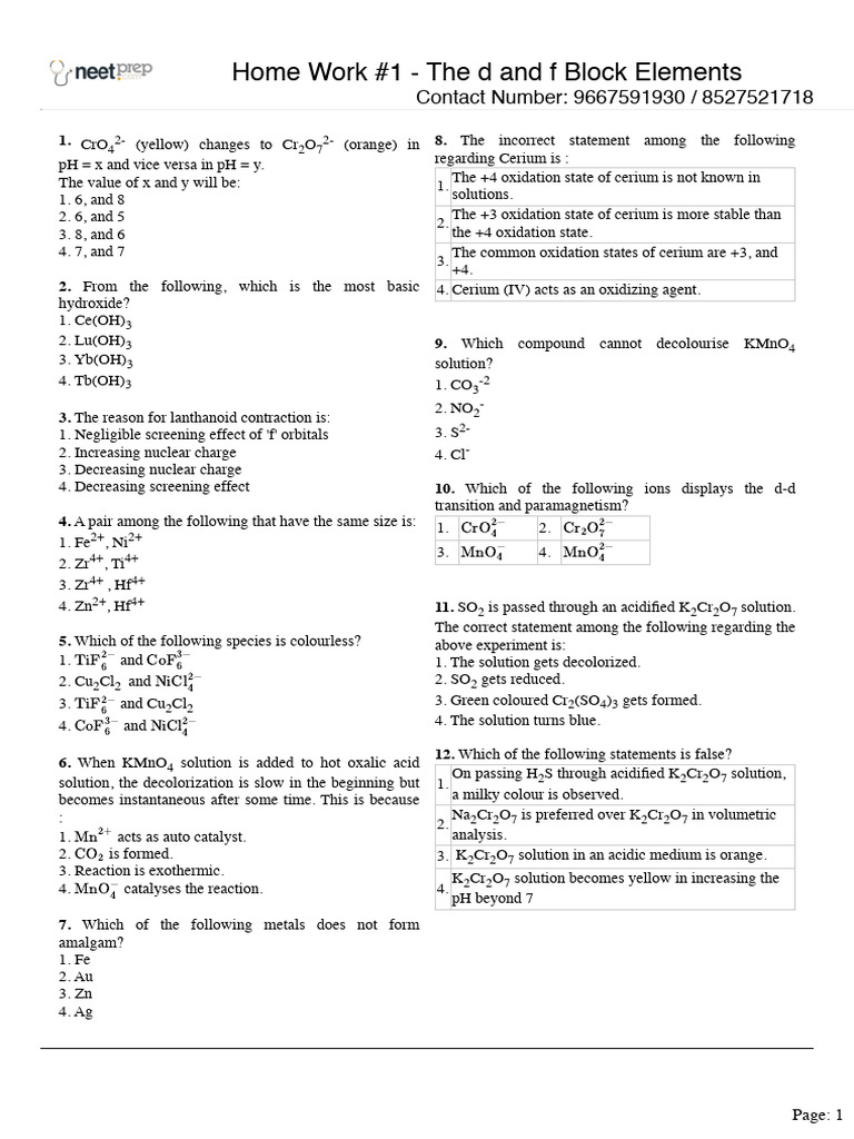 Home Work #1 - The d and f Block Elements | PDF | Lanthanide | Materials
