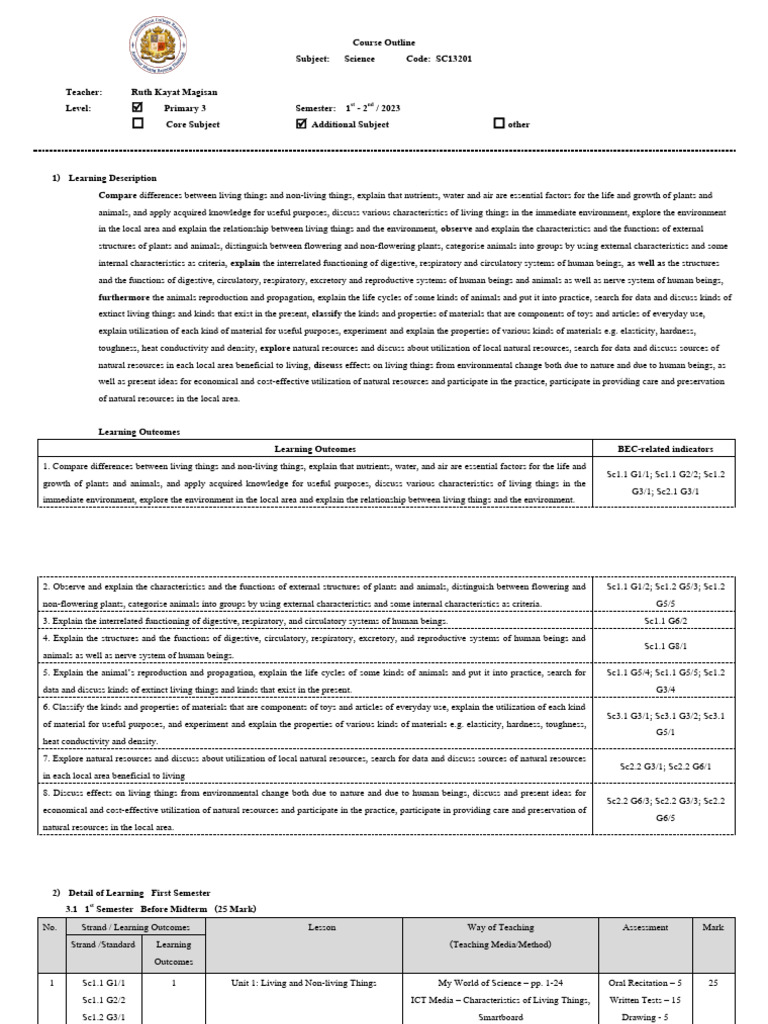 P3 SC13201 2023 Courseoutline | PDF | Life | Human