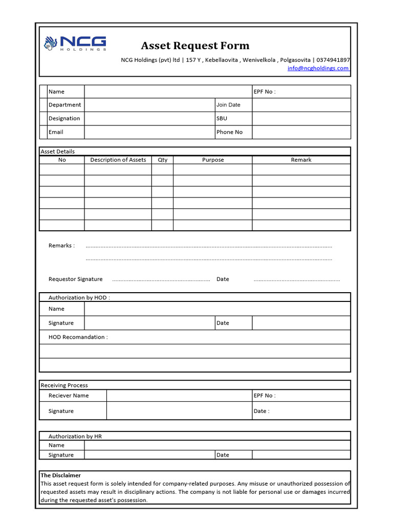 Asset Request Form - NCG Holdings | PDF | Finance & Money Management
