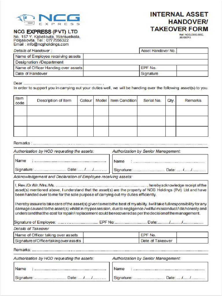 Asset Hand Over Form - Express | PDF