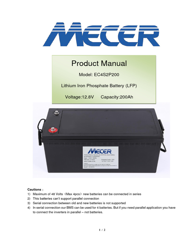 SOL-B-L-M200 Mecer 200Ah Lithium Battery 12V (Second Life) | PDF ...