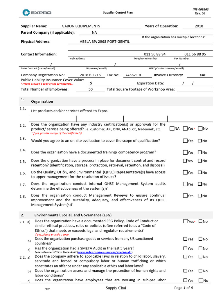 INS-009563 Supplier Control Plan | PDF | Business