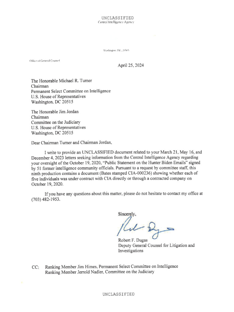 CIA Confirms Active Contractors Hunter Letter 51 Intelligence | PDF