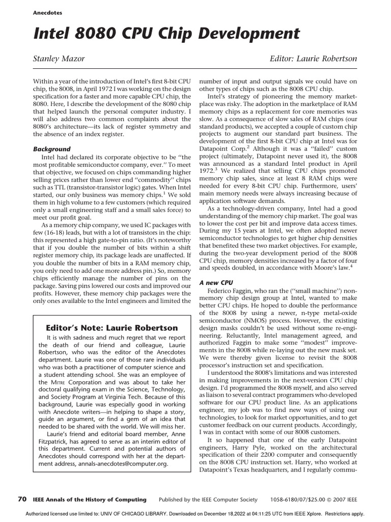 Intel 8080 CPU Chip Development | PDF | Integrated Circuit | Microprocessor