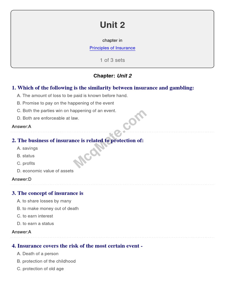 Unit 2 Principles of Insurance (Set 1) | PDF | Insurance | Business