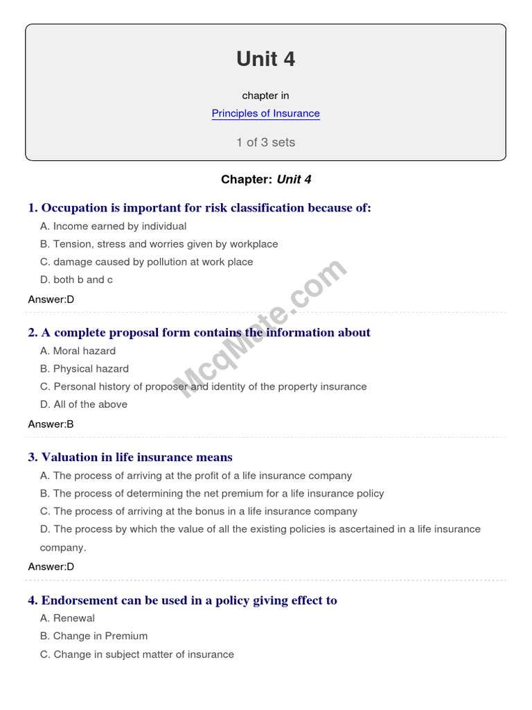 Principles of Insurance MCQs Guide | PDF | Insurance | Life Insurance